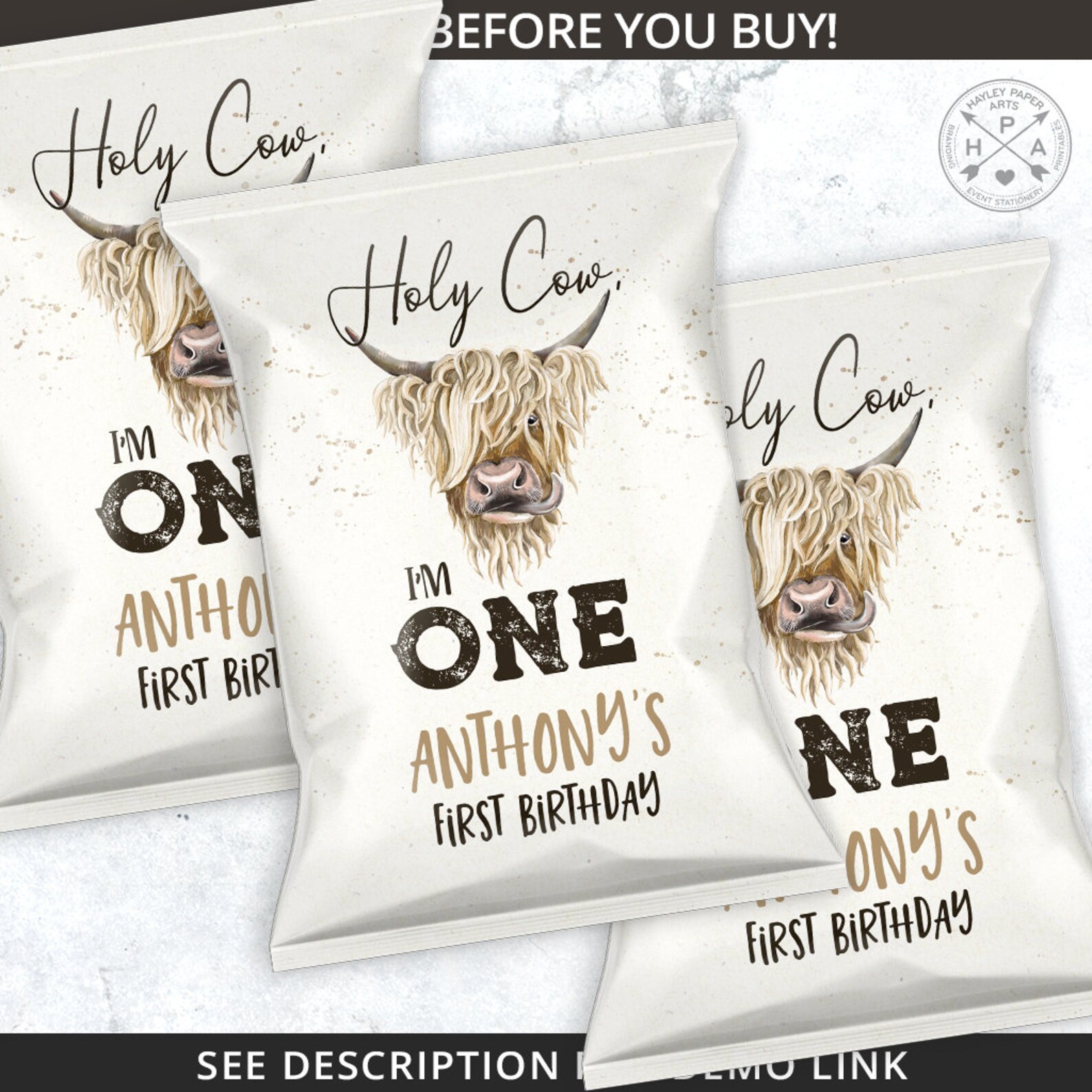 BUNDLE Holy Cow I'm ONE Highland Cow Chips Bag, Rice Krispies, Water ...