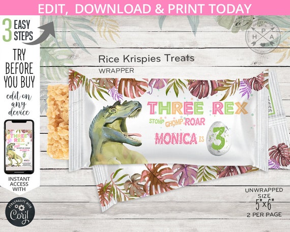Three rex dinosaur rice krispies treats labels dino T-Rex wrapper third ...