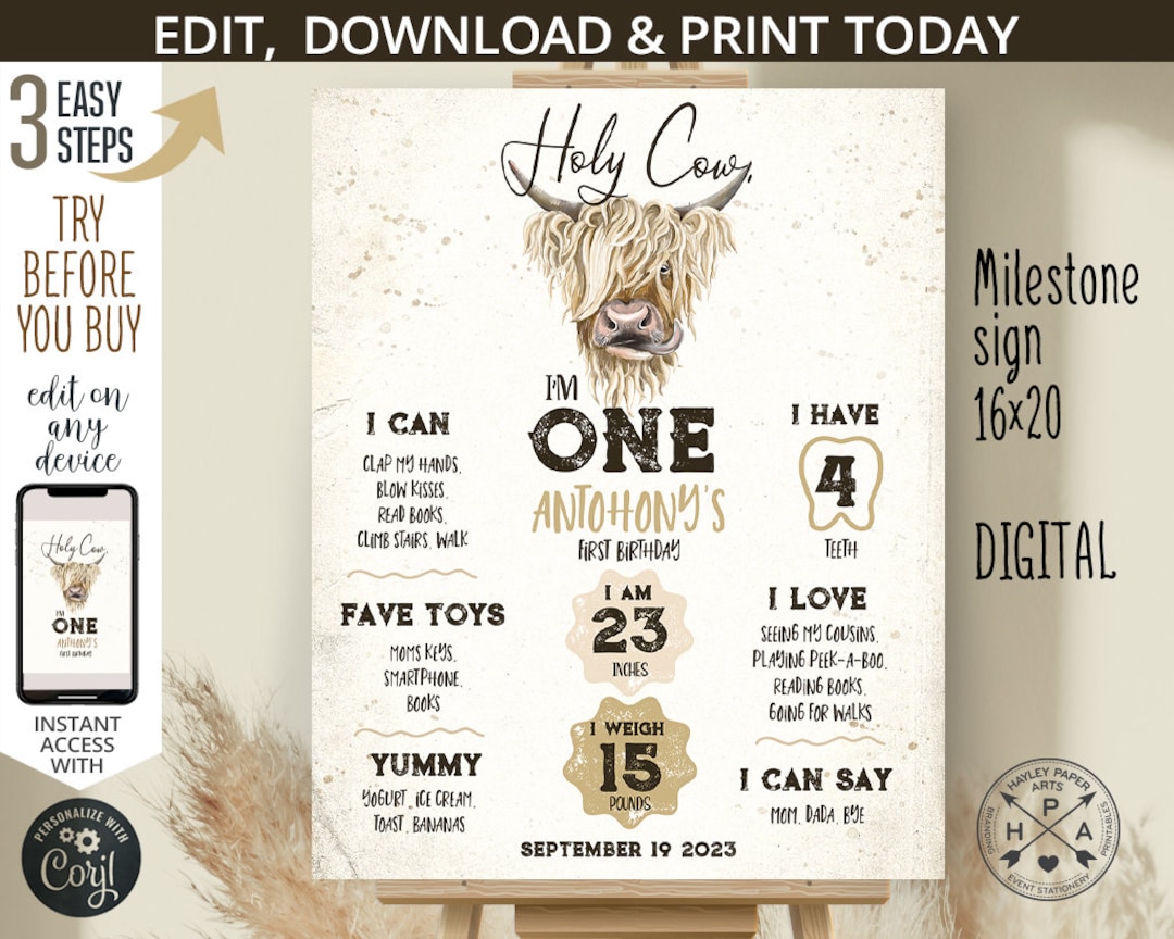 Holy Cow Milestone Stats 1st First Birthday Cowgirl Cowboy ONE Rustic ...