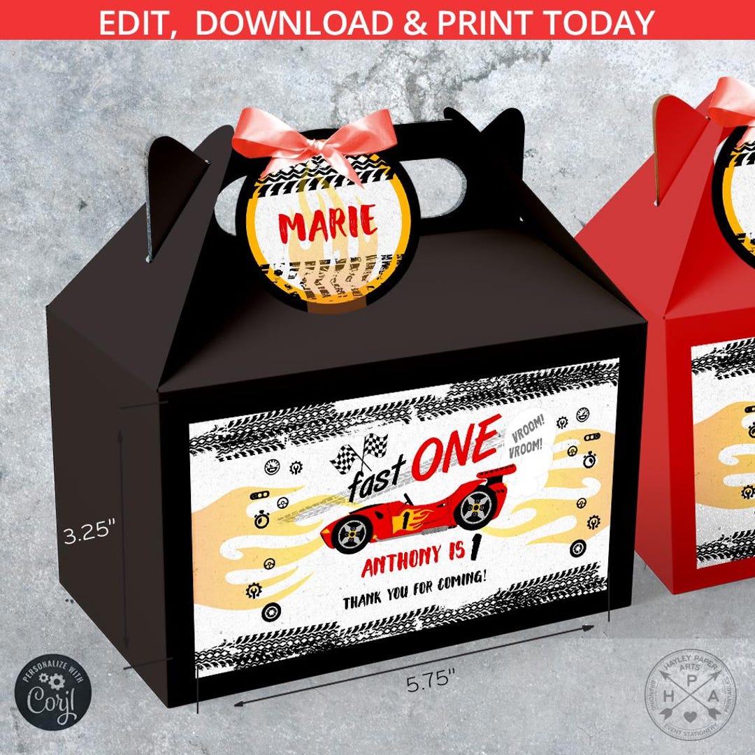 Fast One Race Car Gable Box Favor Label. Racing Speed Red Car. Handle ...