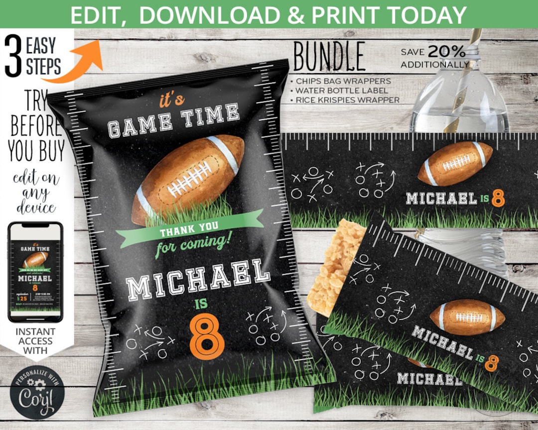 Football Party Bundle Chips Bag, Football Pack, Bottle Label, Krispies ...