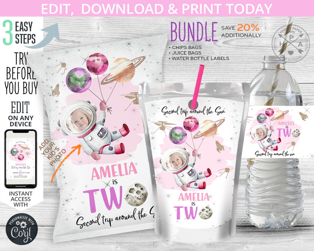 BUNDLE Outer Space Chips Bag, Juice Label, Water Bottle, Treats Favor ...