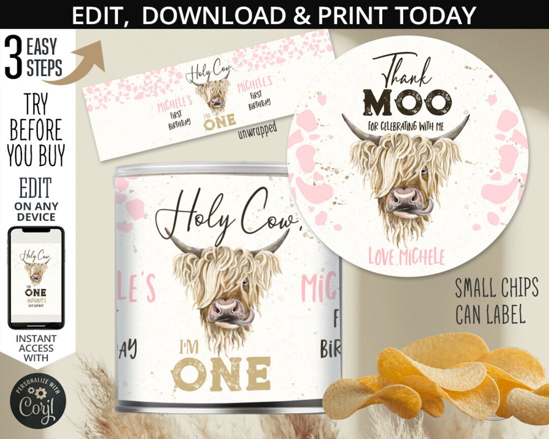 Holy Cow Mini Chips Can Label I'm ONE First Birthday Beige Highland Cow ...