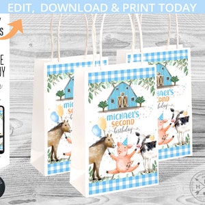 Farm Boy Birthday Small Paper Bag Gift Labels. Blue Barn Animals Cowboy ...