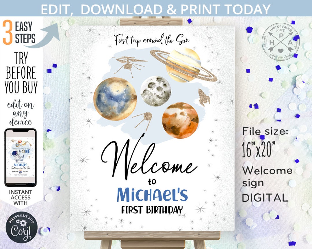 Outer Space Welcome Sign 16x20 Astronaut 1st Birthday Sign. Galaxy Trip ...