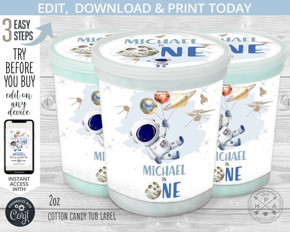 Outer space ONE moon cotton candy tub label plastic container first ...