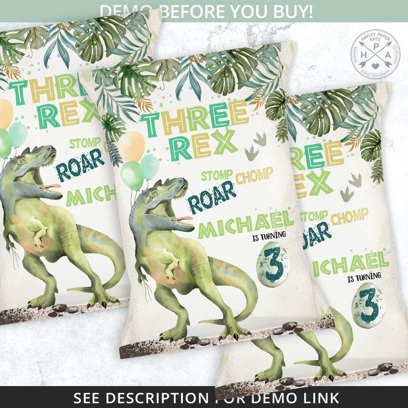 BUNDLE Dinosaur Three Rex Chips Bag, Juice Bags, Water Bottle Labels ...