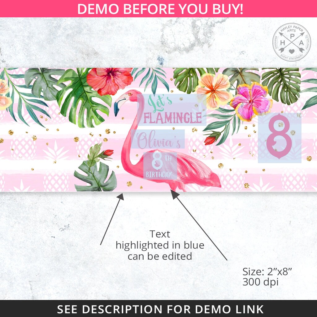 Flamingo Water Bottle Label Birthday Tropical Pineapple Pink Let's ...