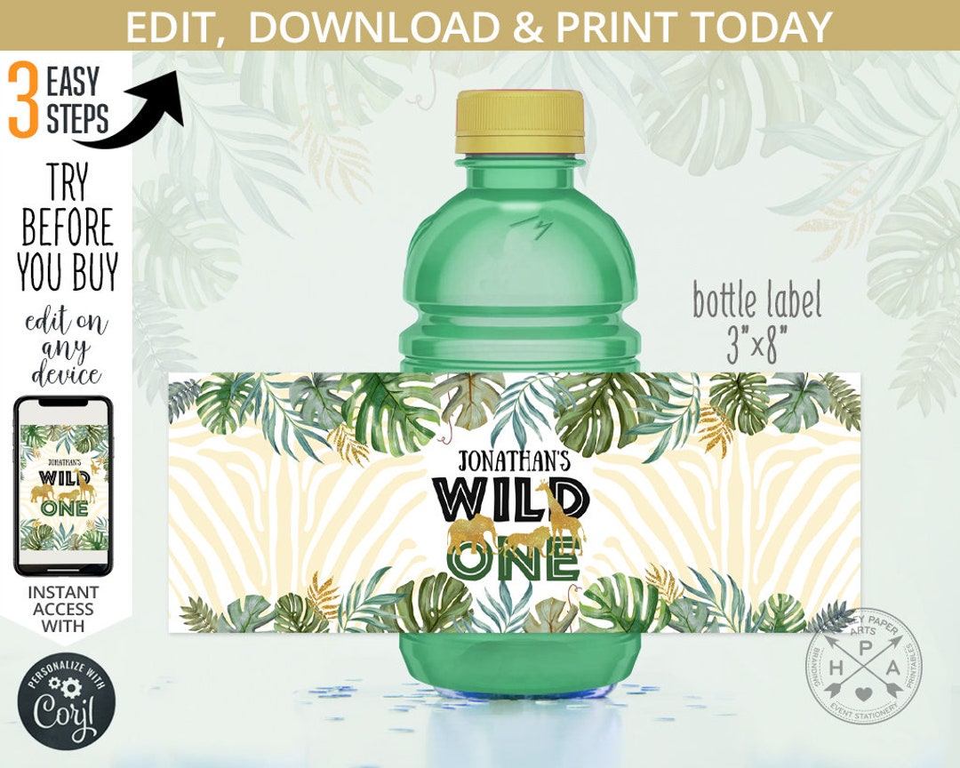 Wild One Water Bottle 8x3 Label Jungle Gold Animals Safari Greenery ...