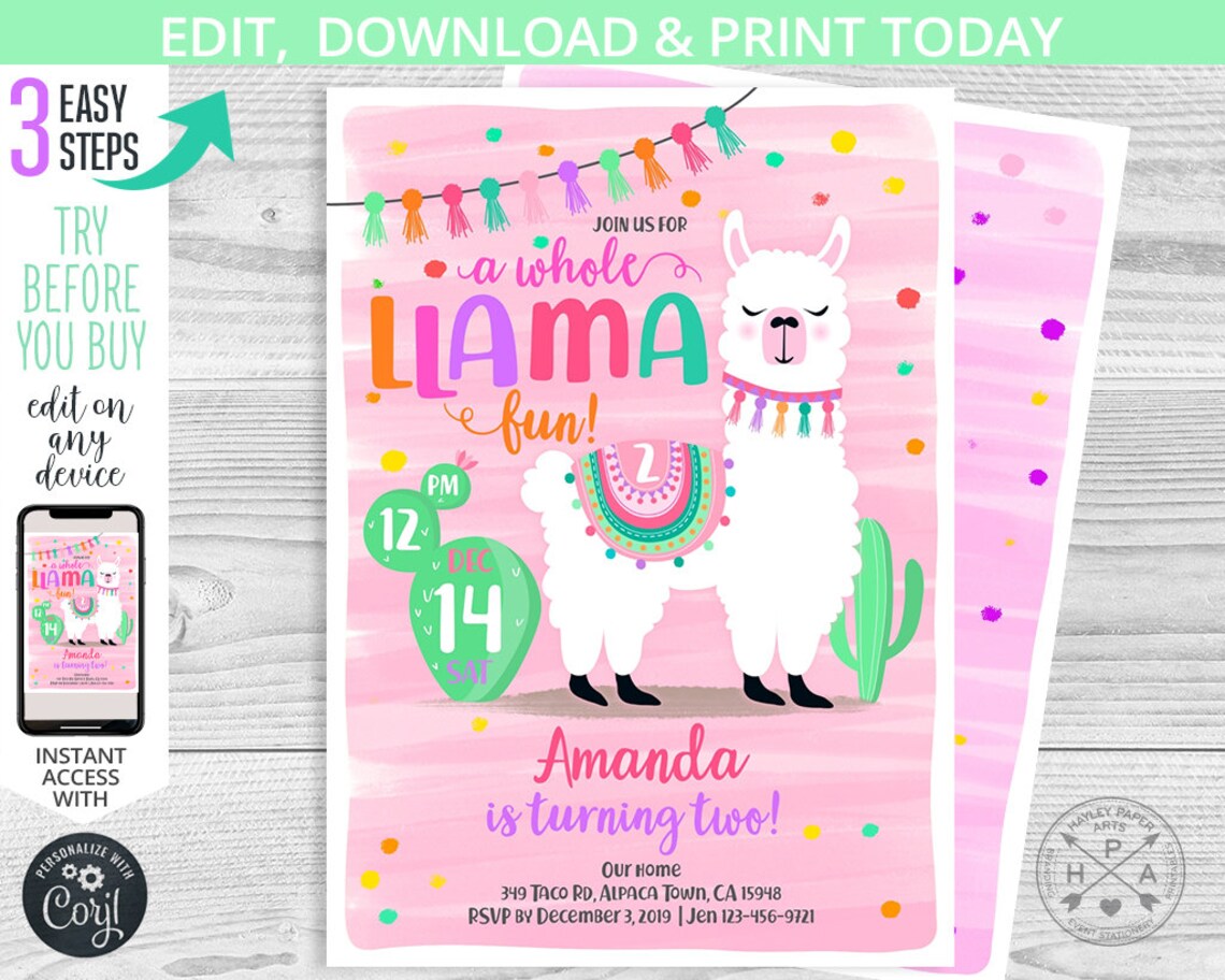 Llama Birthday Invitation Whole Llama Fun Invite Cactus Alpaca Fiesta ...