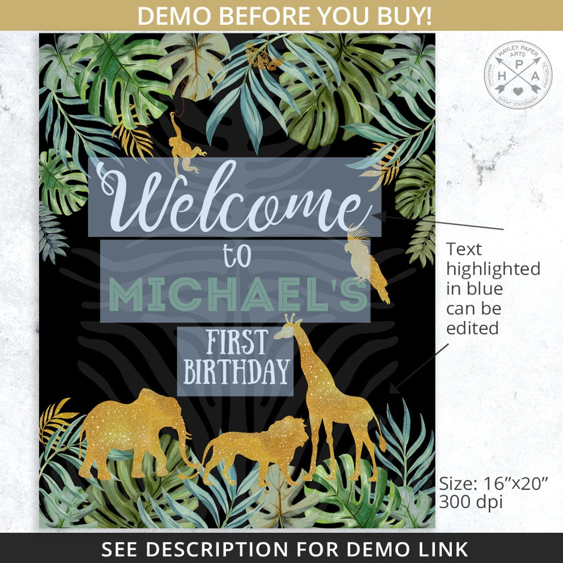 Jungle Welcome Sign 1st First Birthday Safari Animals Black Wild One ...