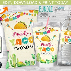 BUNDLE Taco Twosday Chips Bag, Juice Bags, Water Bottle Labels, Girl ...