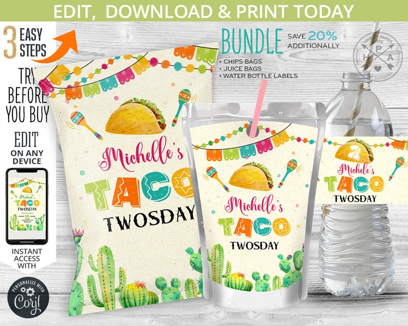 BUNDLE Taco Twosday Chips Bag Juice Bags Water Bottle - Etsy