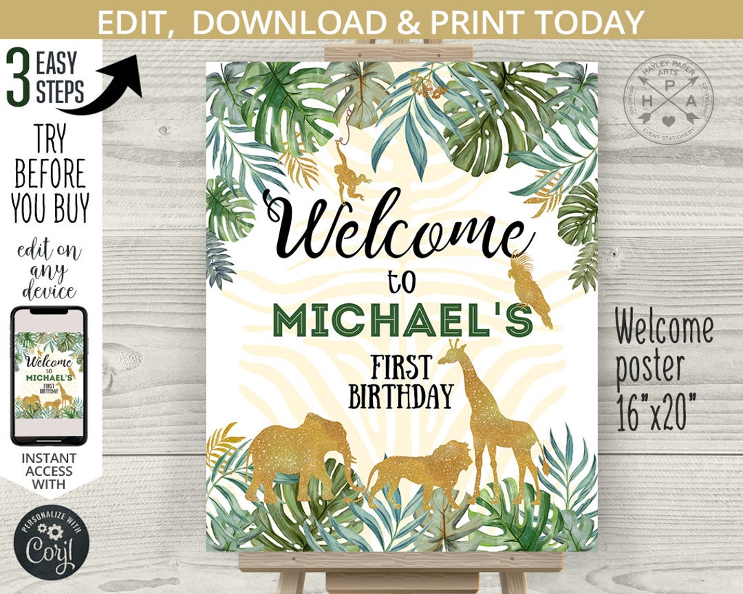 EDITABLE Jungle Welcome Poster Sign 1st First Birthday. Safari Animals ...