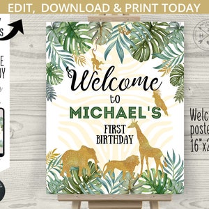 EDITABLE Jungle Welcome Poster Sign 1st First Birthday. Safari Animals ...