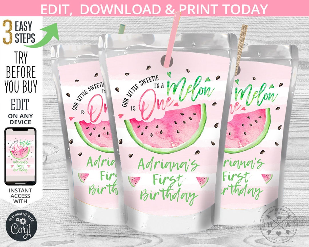 One in a Melon Juice Bag Label, Juice Bag Labels, Watermelon Juice ...