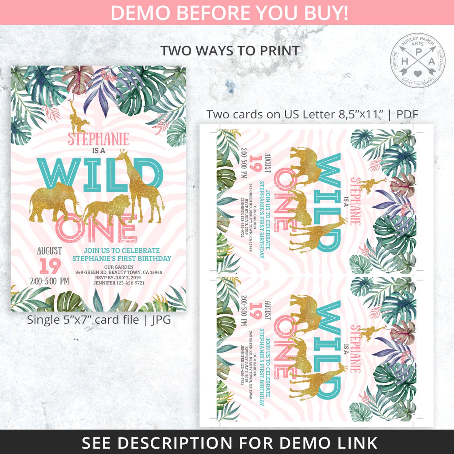 Jungle Wild One Gold Birthday Invitation Safari Pink Mint Girl | Etsy