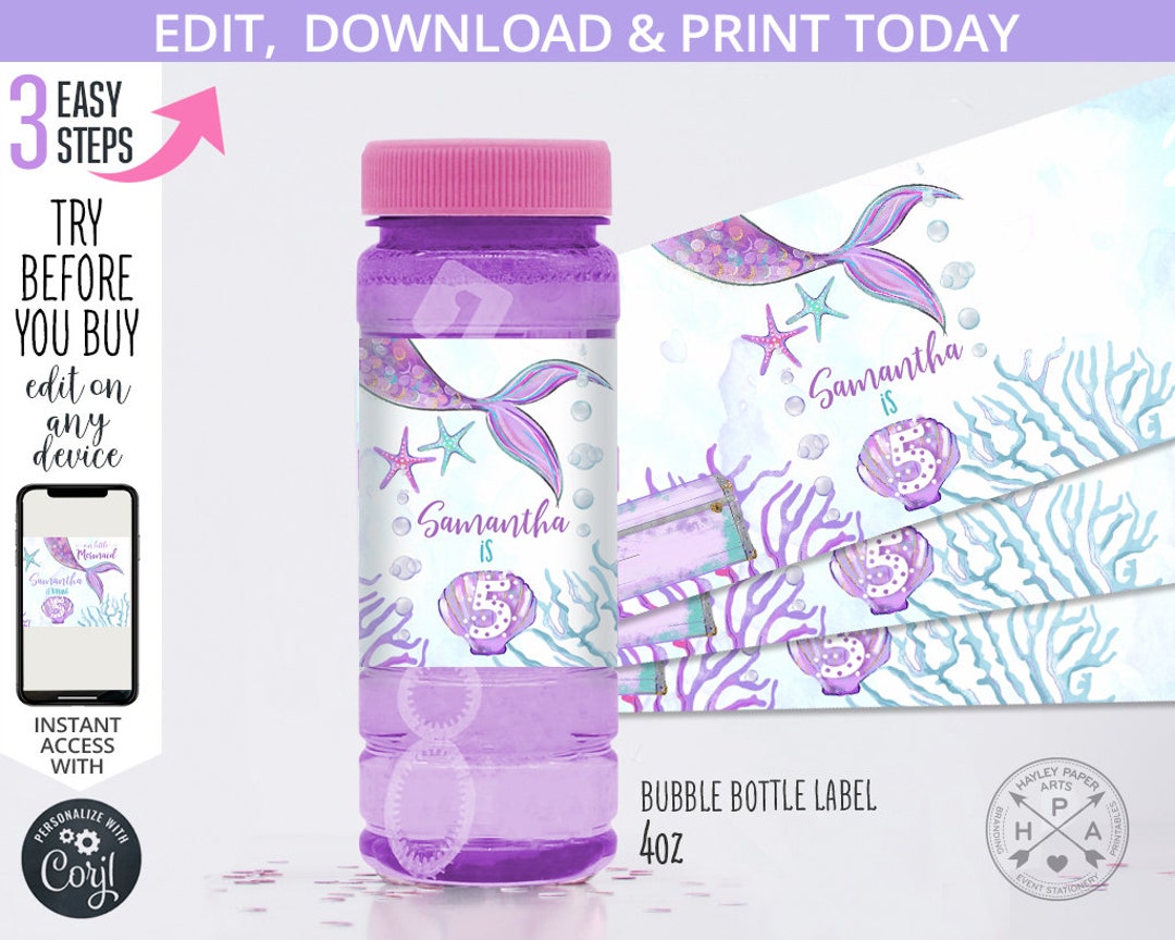 Mermaid Bubble Bottle Label Purple Teal Under the Sea Celebration ...