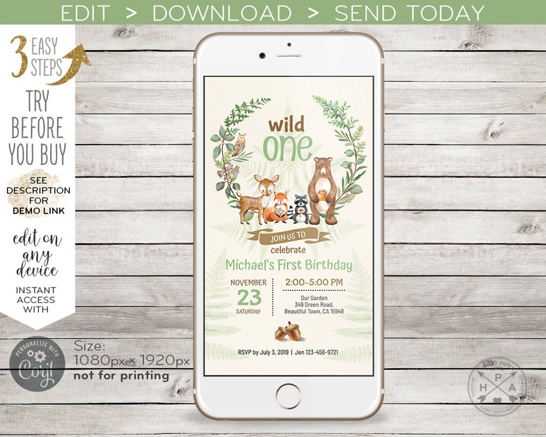 Woodland Wild One Electronic Invitation Forest Wild Animals Birthday ...