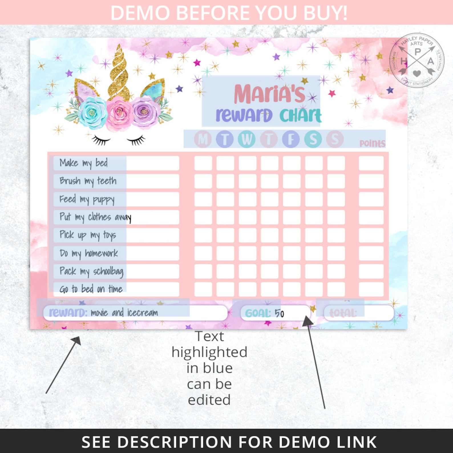 Unicorn Reward Chart for Girls Kids Behavior Daily Chore | Etsy