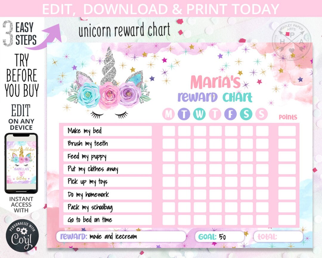 Unicorn Reward Chart for Girls Kids Behavior Daily Chore Charts Daily ...
