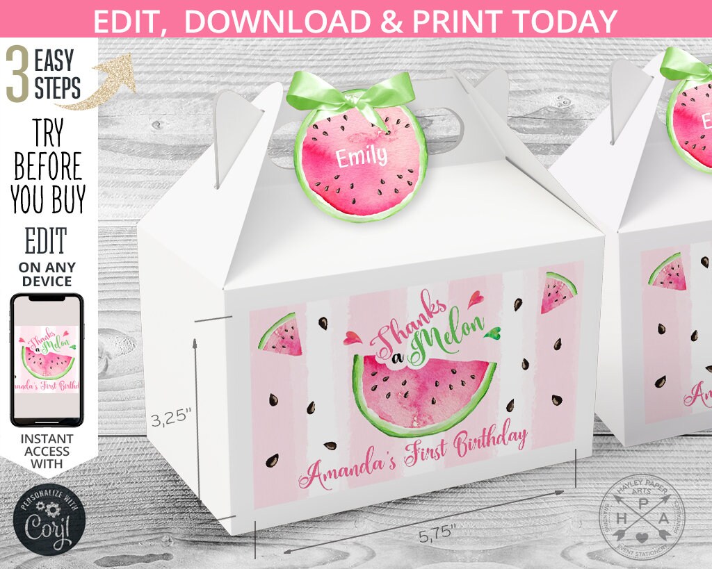 EDITABLE Watermelon Gable Gift Box Labels and Tags. Handle | Etsy