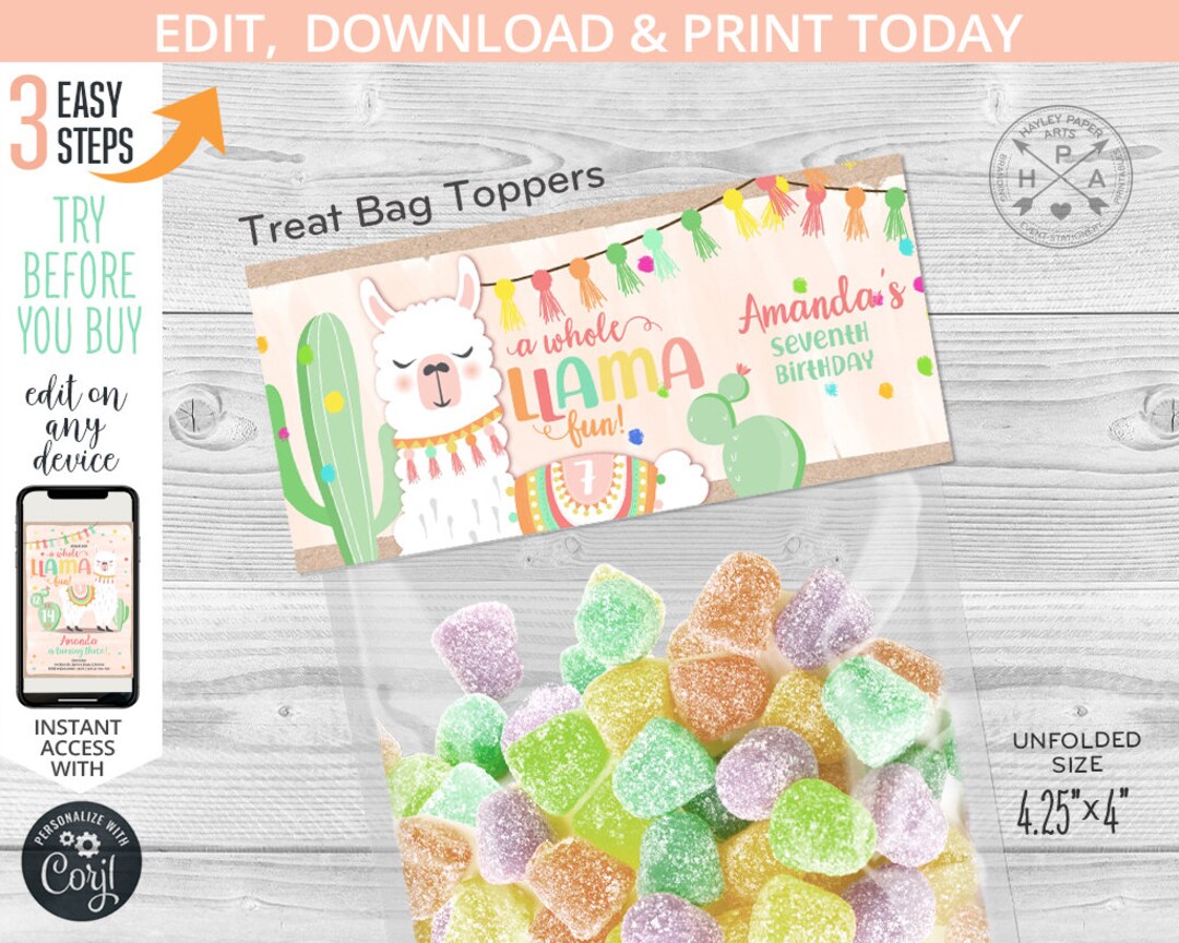 Llama Treat Bag Topper Label Candy Treats Plastic Zip Bags Toppers ...