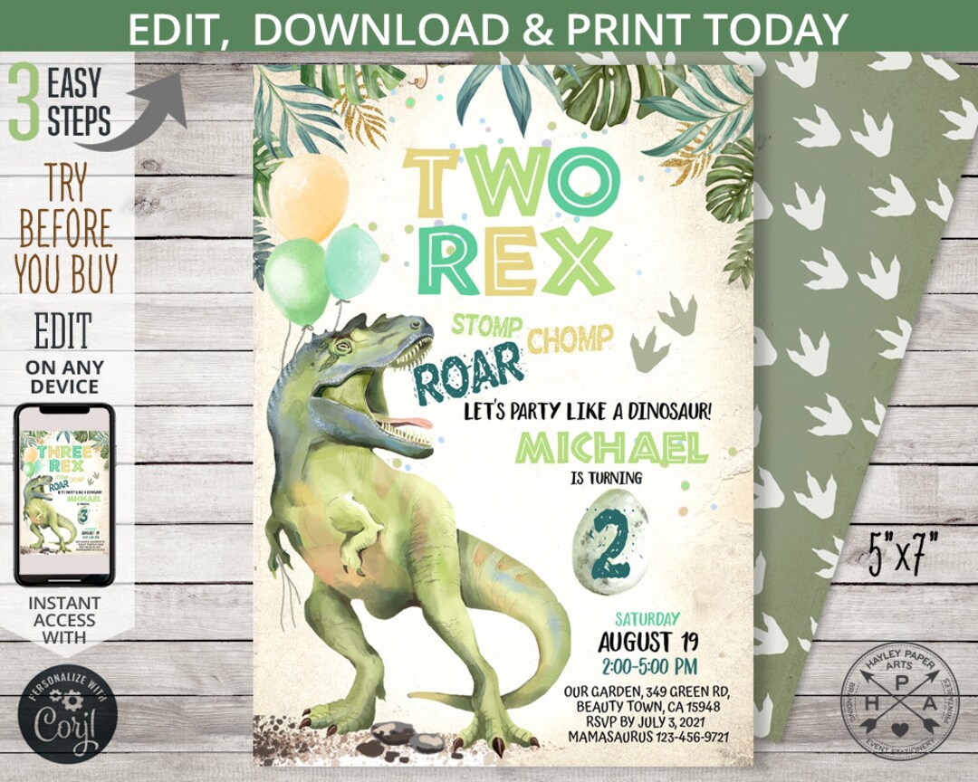 Two Rex Dinosaur Second Birthday Invitation T-rex Boy 2nd Dino Party ...