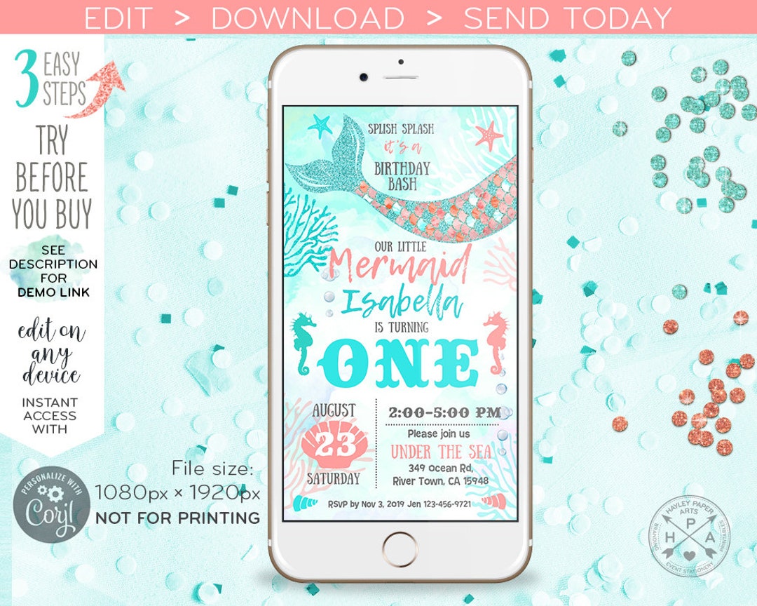 Mermaid Electronic Birthday Under Sea Turquoise Invitation Smartphone E ...