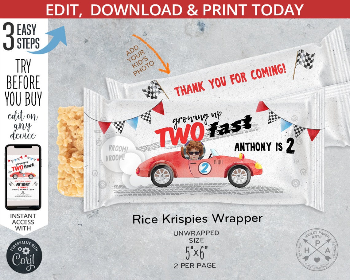 Race Car Rice Krispies Label Two Fast 2 Curious Sports Speed - Etsy