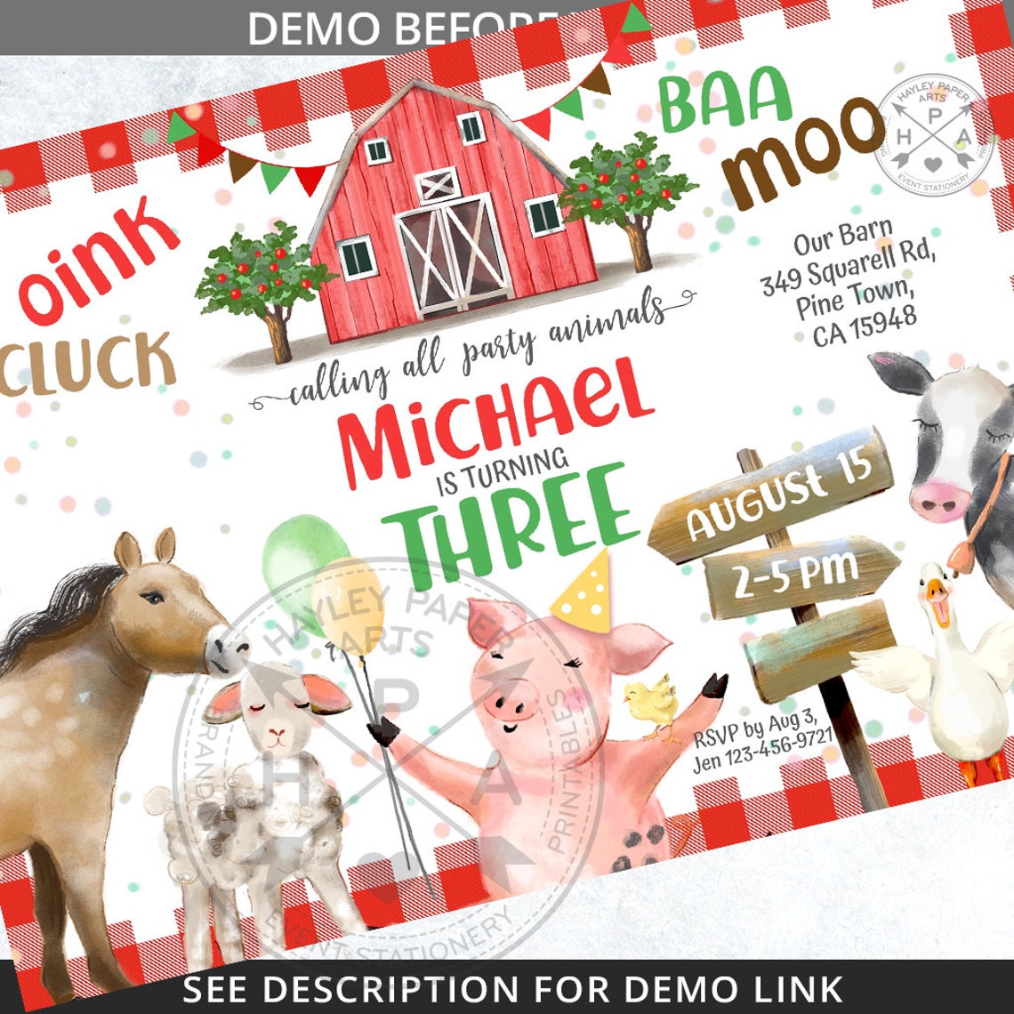 Farm Animals Invitation Boy Girl Red Barn Party Cow, Pig, Sheep ...