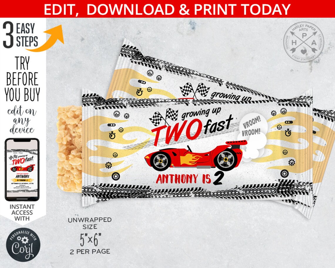 Race Car Rice Krispies Label Two Fast Sports Speed Racing - Etsy