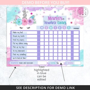 Unicorn Reward Chart for Girls Kids Behavior Daily Chore Charts Daily ...