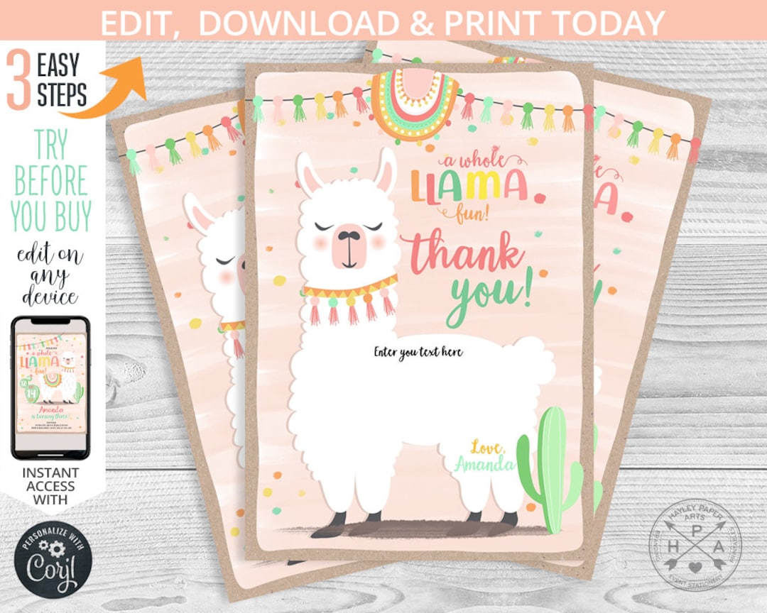 Llama Thank You Card Birthday Whole Llama Fun Party Fiesta Cactus ...