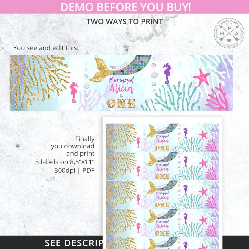 Mermaid Tail Water Bottle Label Birthday Celebration Under the Sea ...