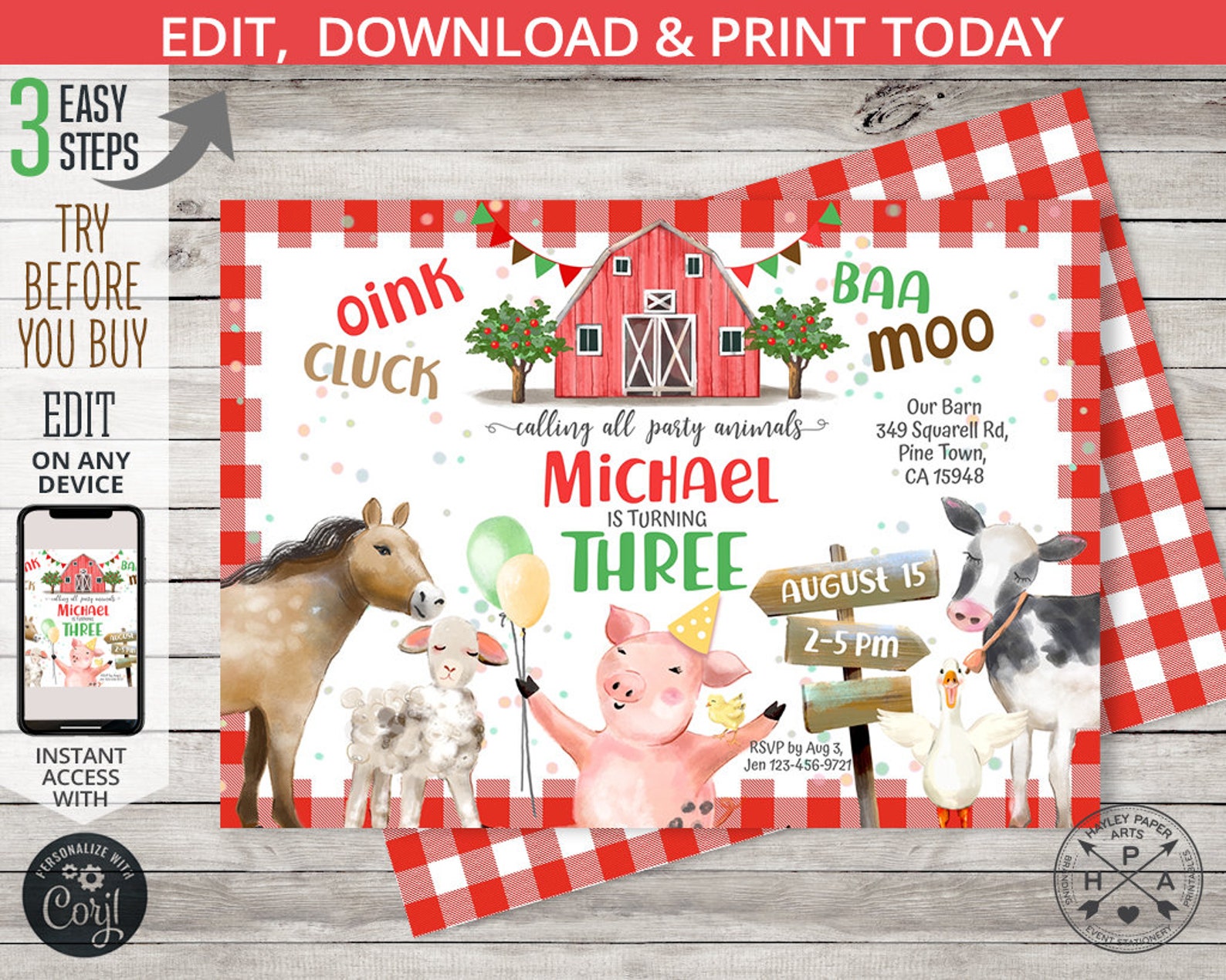 Farm Animals Invitation Boy Girl Red Barn Party Cow, Pig, Sheep ...