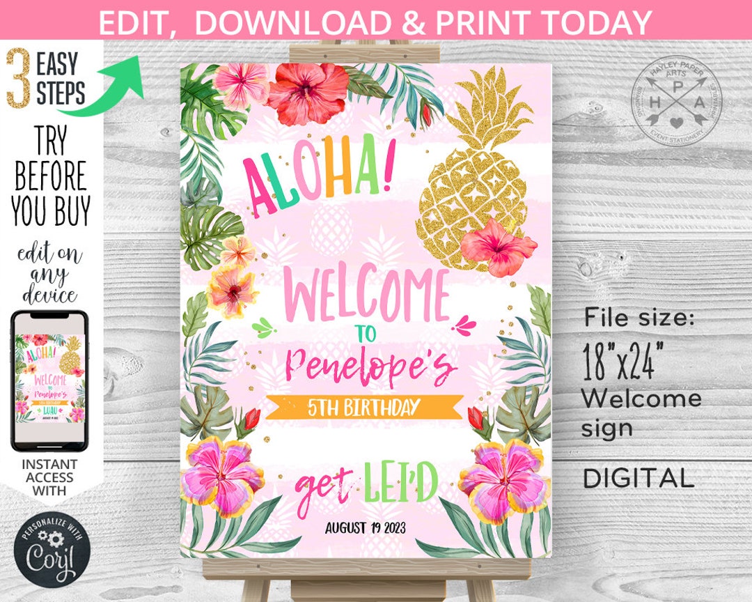 Aloha Welcome Sign Gold Pineapple Tropical Hawaii 18x24 Any Age ...