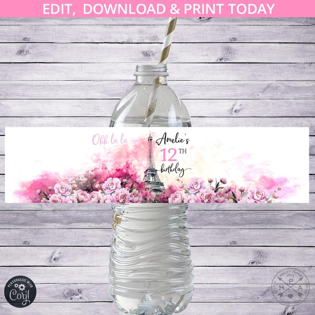 Paris Eiffel Tower Water Bottle Label Lavender Birthday Eifel Parisian ...