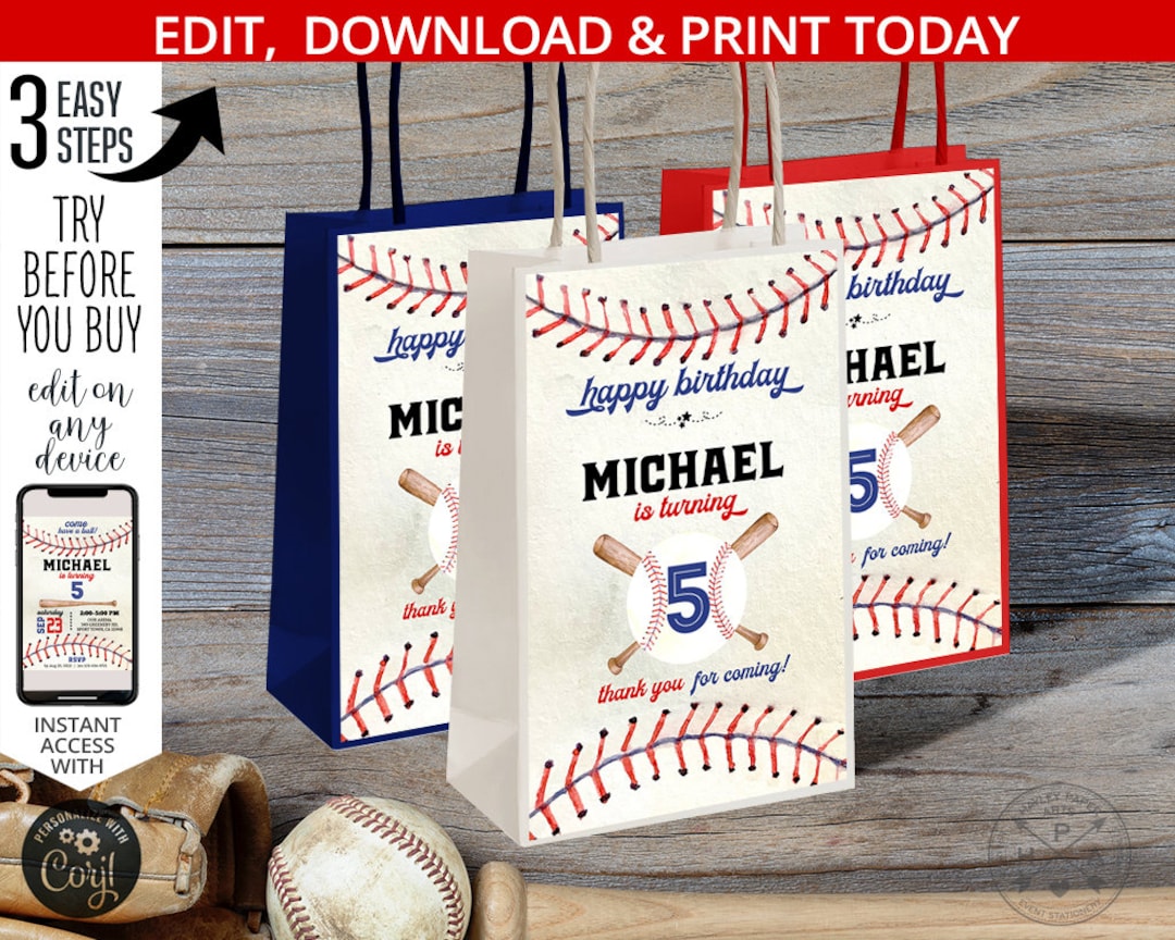 Baseball Paper Gift Bag Labels Birthday Favor Little Rookie Batter ...
