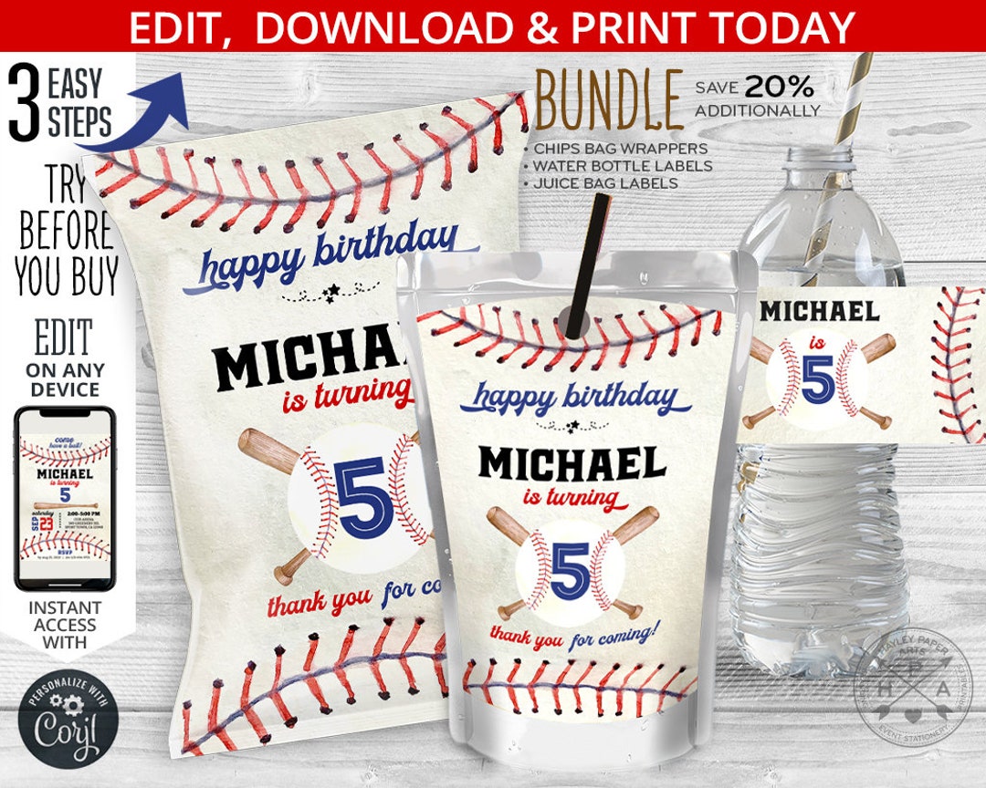 BUNDLE Baseball Chips Bag, Juice Bags, Water Bottle Labels, Ball Sports ...