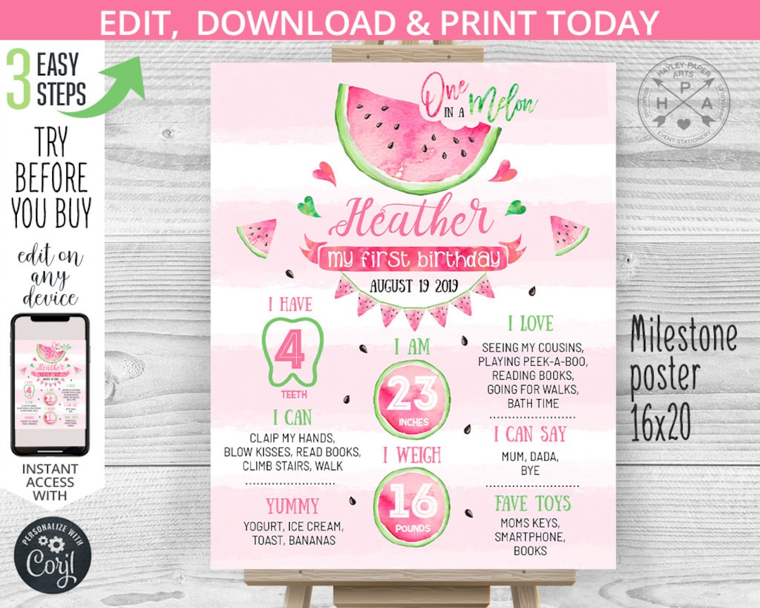 EDITABLE Watermelon Milestone Stats 1st Birthday Board. First One in a ...