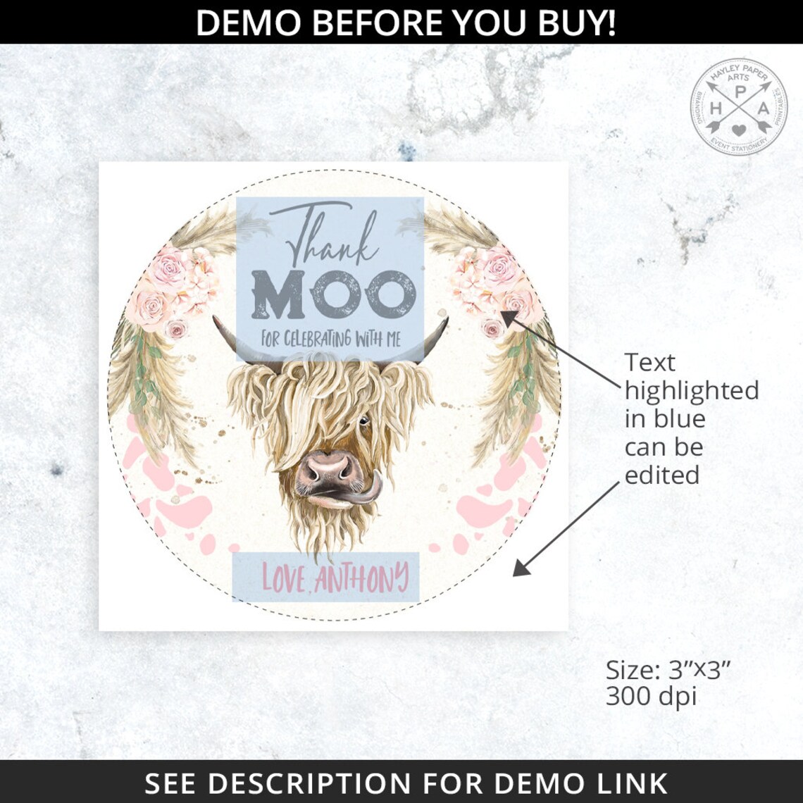 Holy Cow Thank You Tag. Highland Cow Thank Moo Circle Round - Etsy