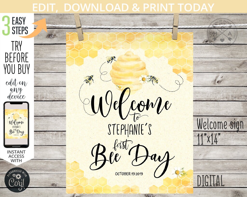 Bee Day welcome sign 11x14 baby first birthday honey bumble | Etsy