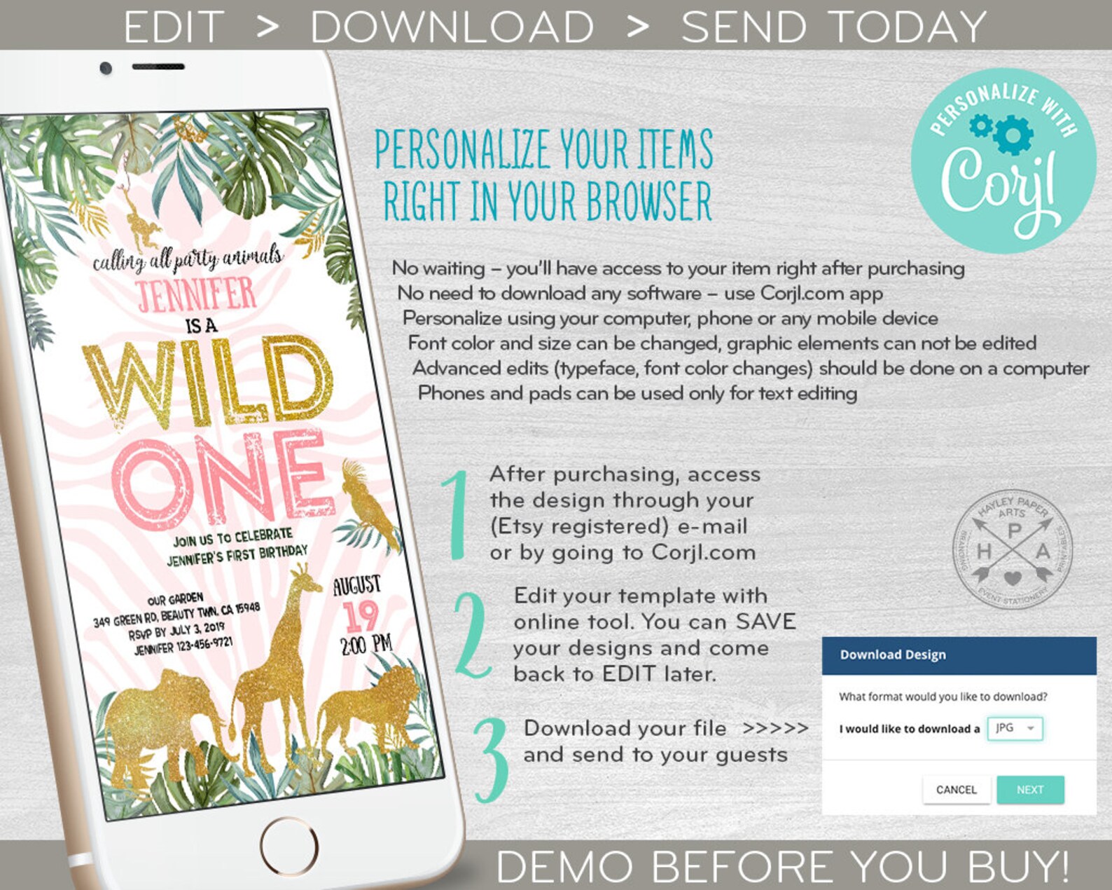 Jungle Wild One Electronic Invitation Pink Gold Safari Animals | Etsy