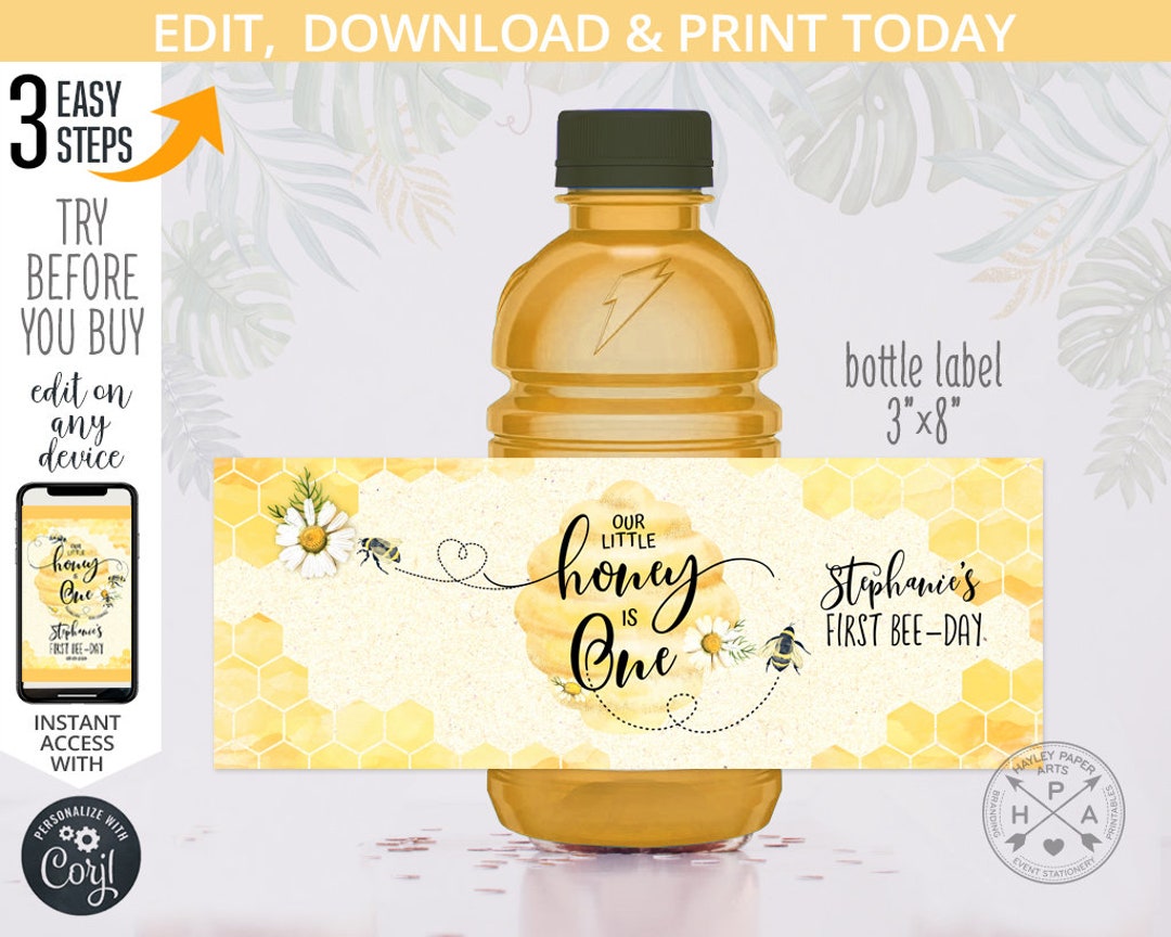 EDITABLE Bee Water Bottle 8x3 Honey ONE Label First 1st Birthday ...