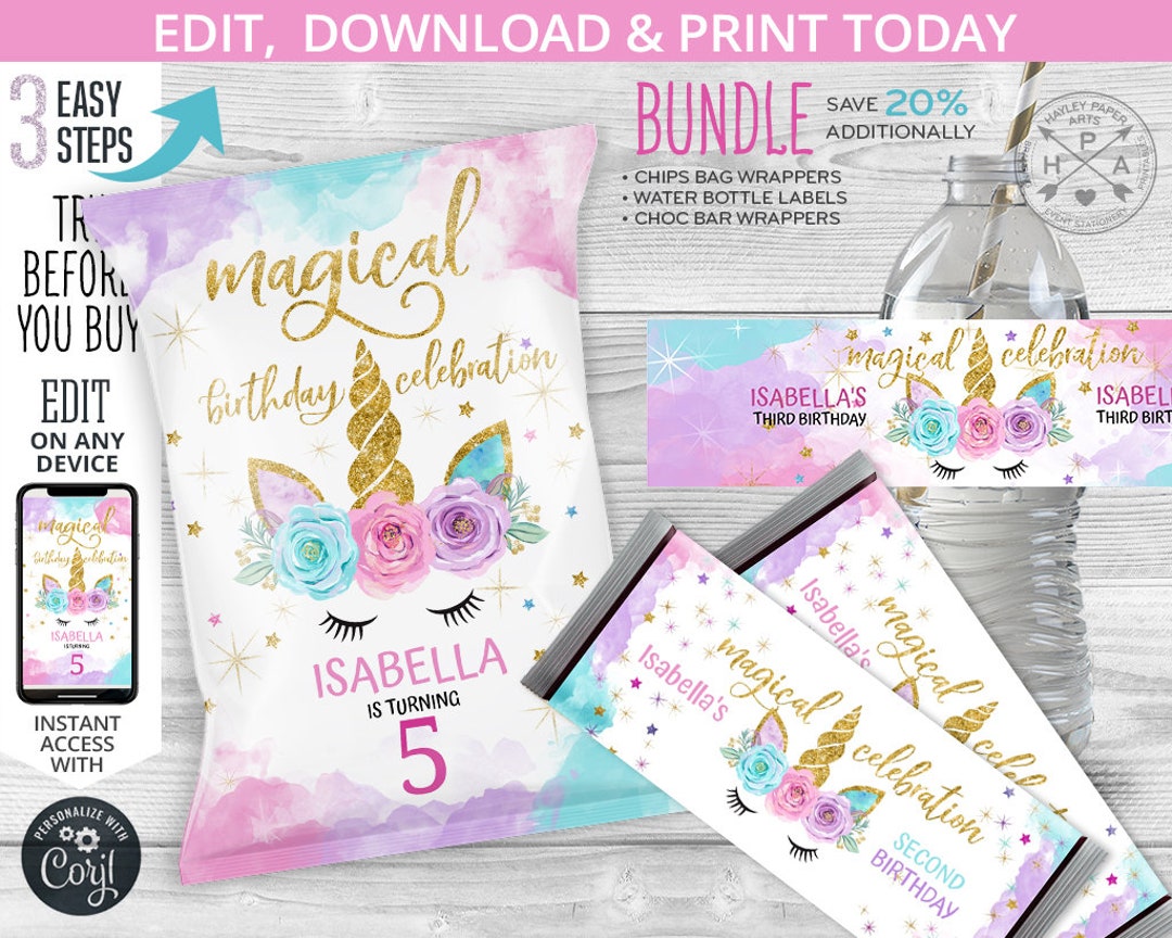 BUNDLE Unicorn Magical Chip or Snacks Bag, Water Bottle Label ...