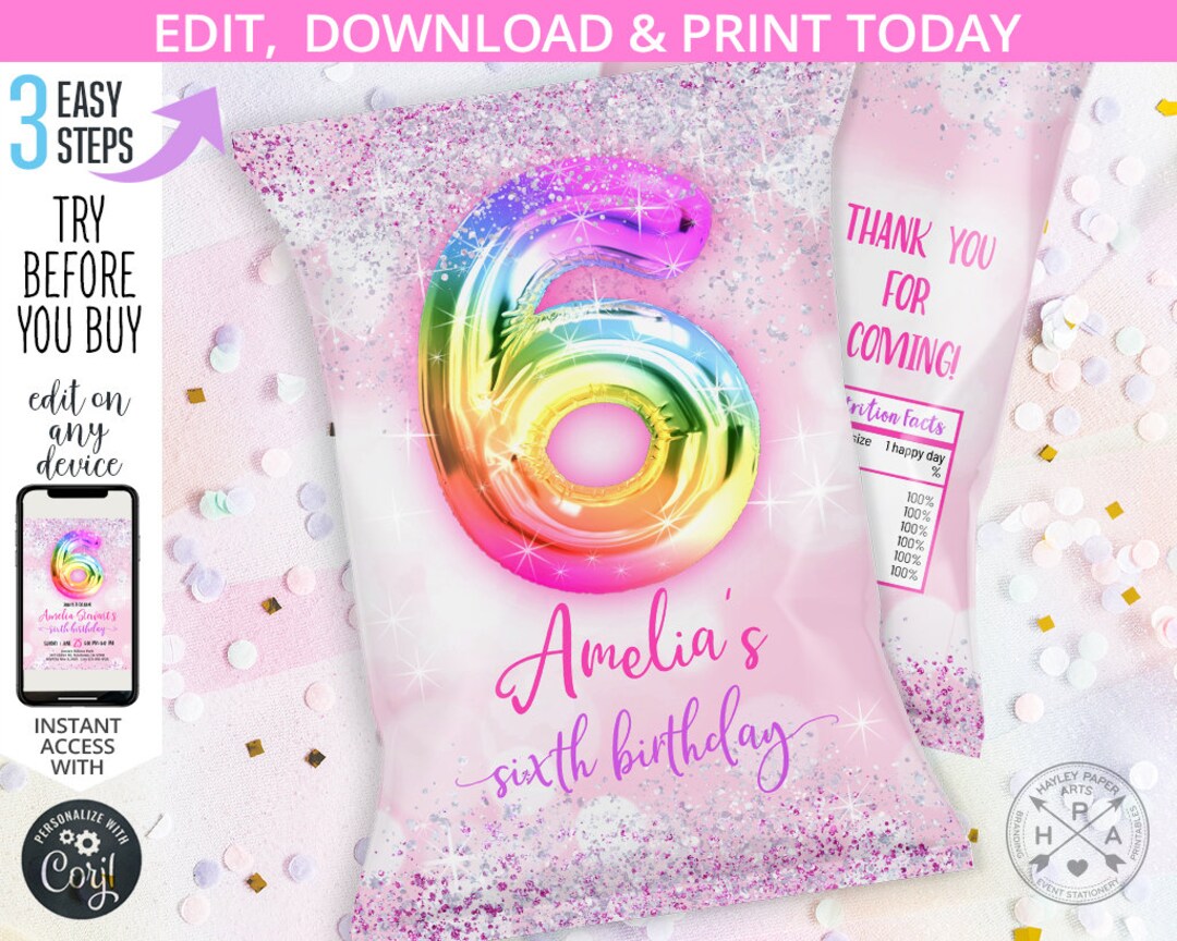 6th Birthday Chips Bag Rainbow Glitter Pink Foil Balloon Sixth Girl SIX ...