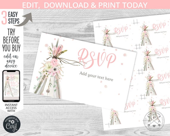 TeePee RSVP card insert baby shower tee pee party boho wild girl ...