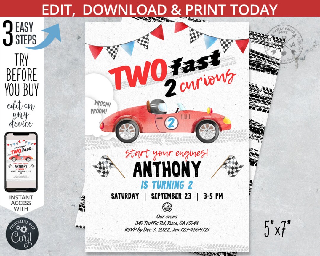 Two Fast Vintage Race Car Birthday Invitation, Two Fast 2 2nd Birthday ...