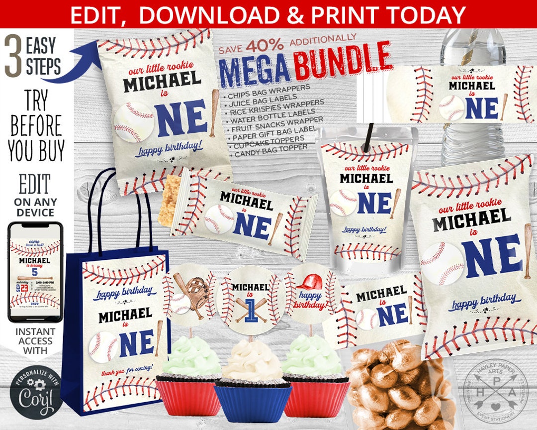 Baseball Birthday Party Pack, MEGA BUNDLE, Chips Bags, Juice, Krispies ...